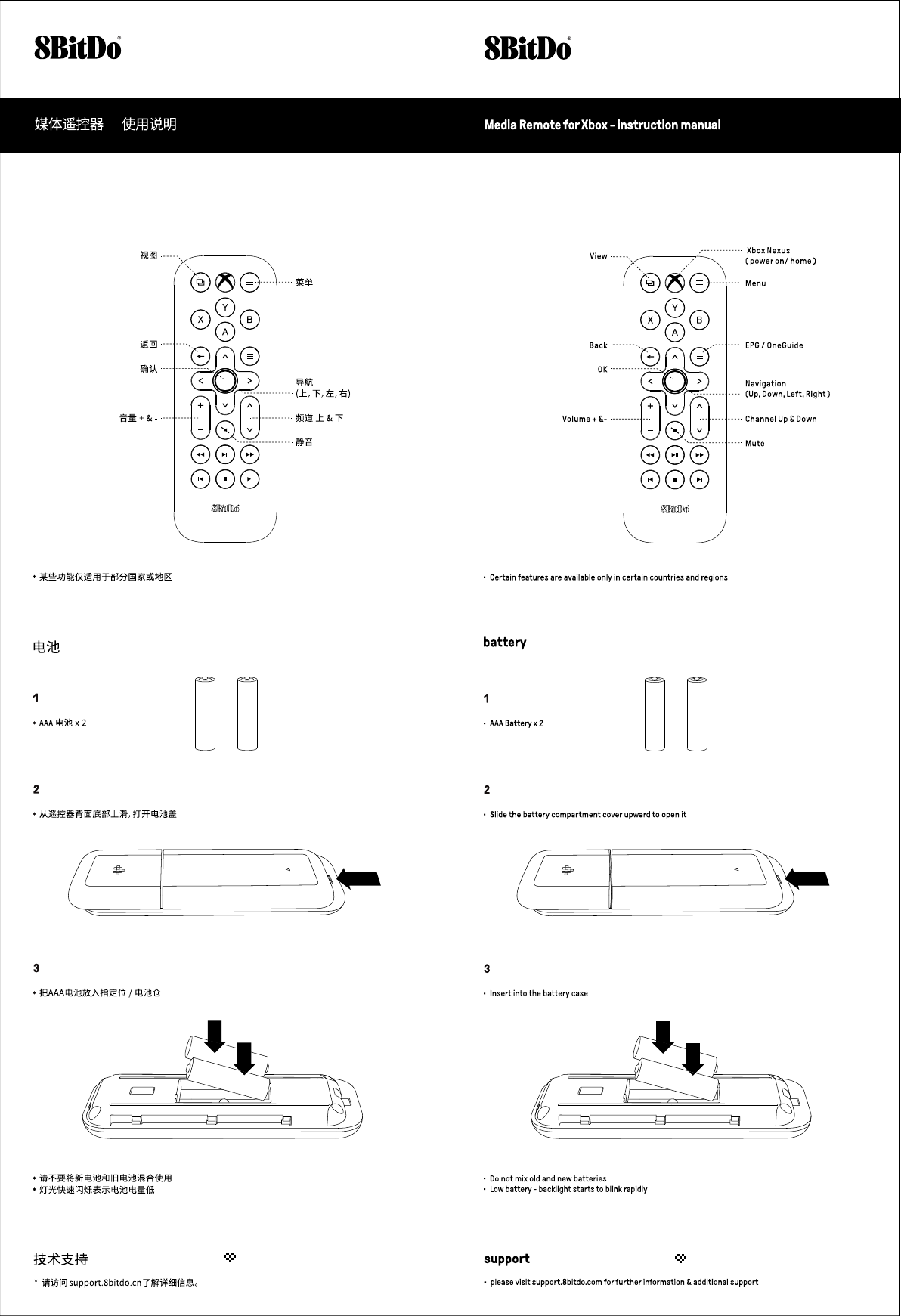 8Bitdo 微软短款遥控器说明书 中英 Media Remote for Xbox Short edition