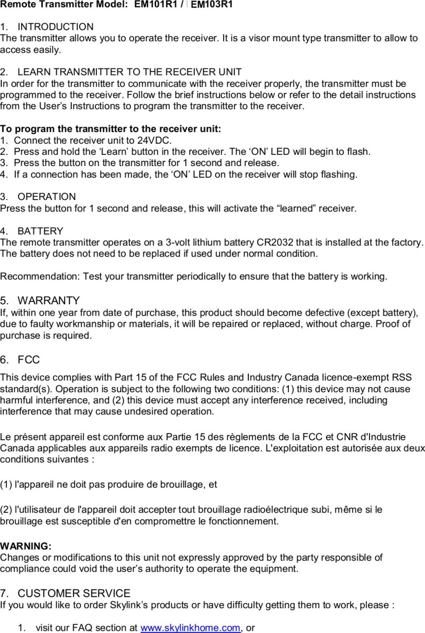 9141 0720 Quebec MANARAS OPERA EM101R1 Remote Transmitter User Manual ...