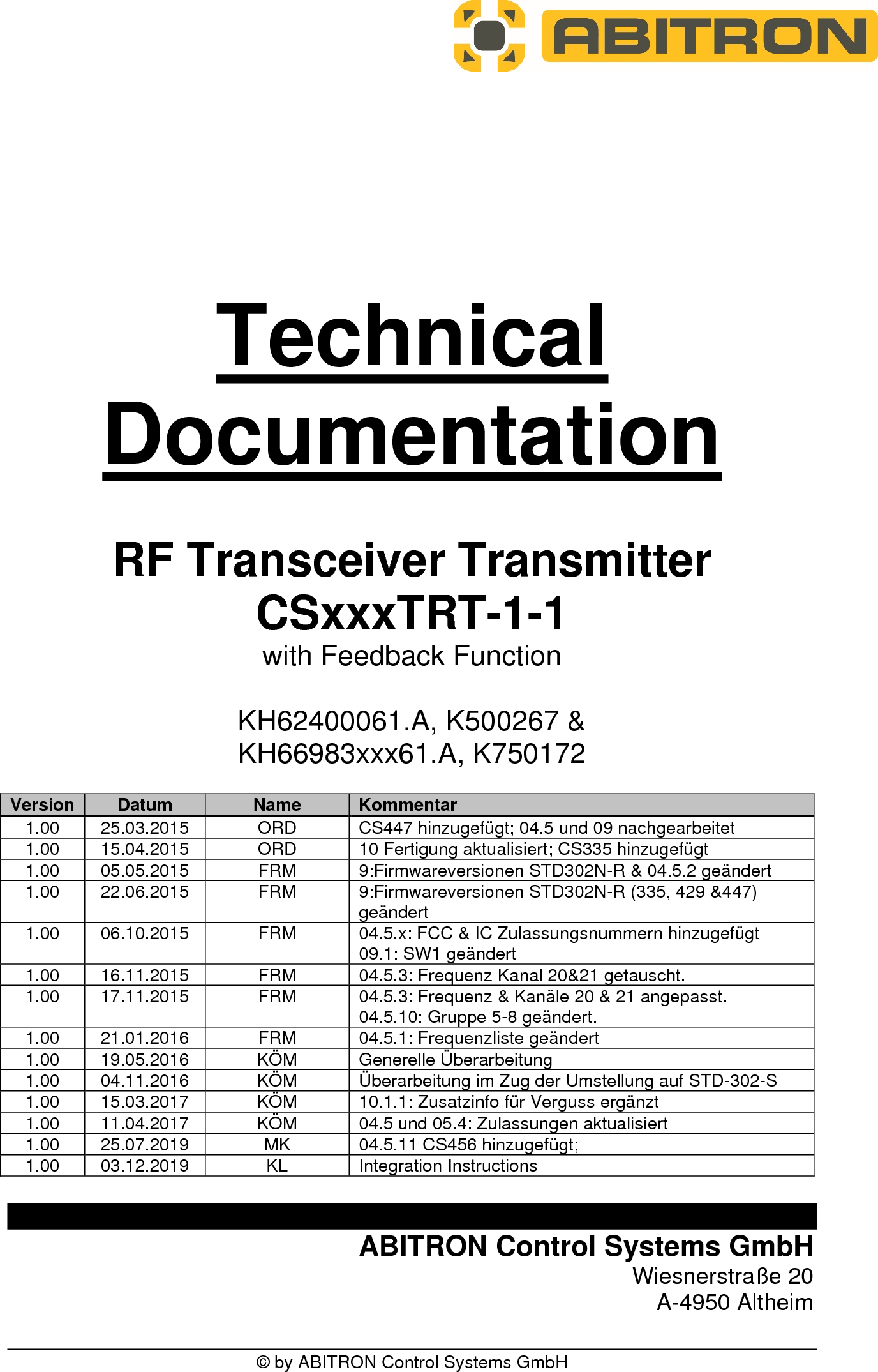 ABITRON Control Systems 456TR1 RF module User Manual Technische ...