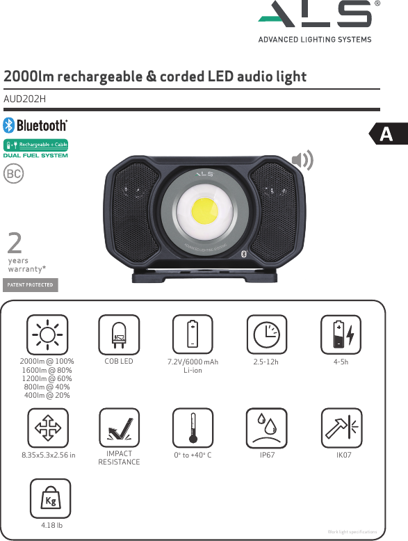 AEC Lighting Solutions AUD202H 2000lm Rechargeable & Corded LED Audio ...