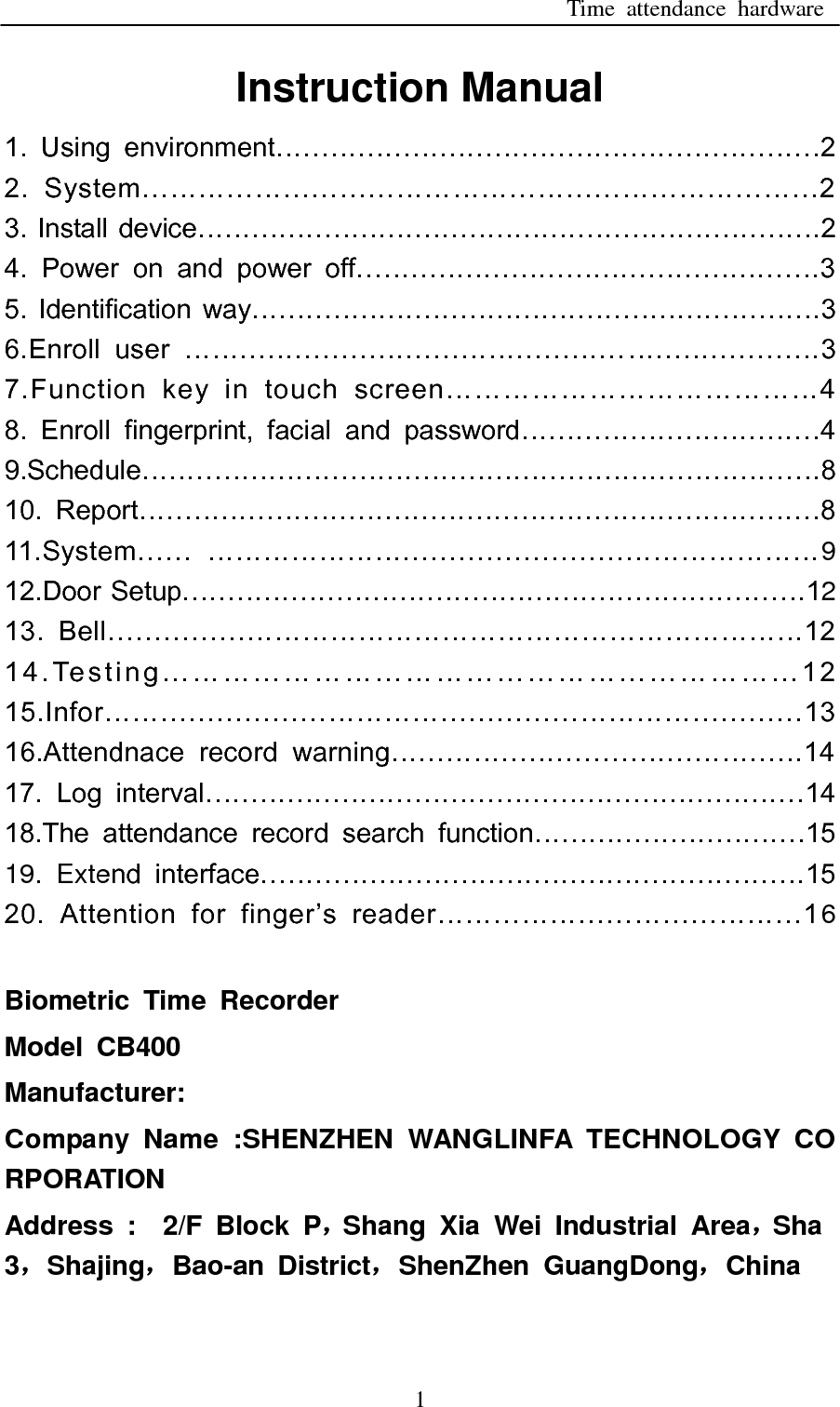 ALLIED TIME USA CB4000 Biometric Time Recorder User Manual V3 0