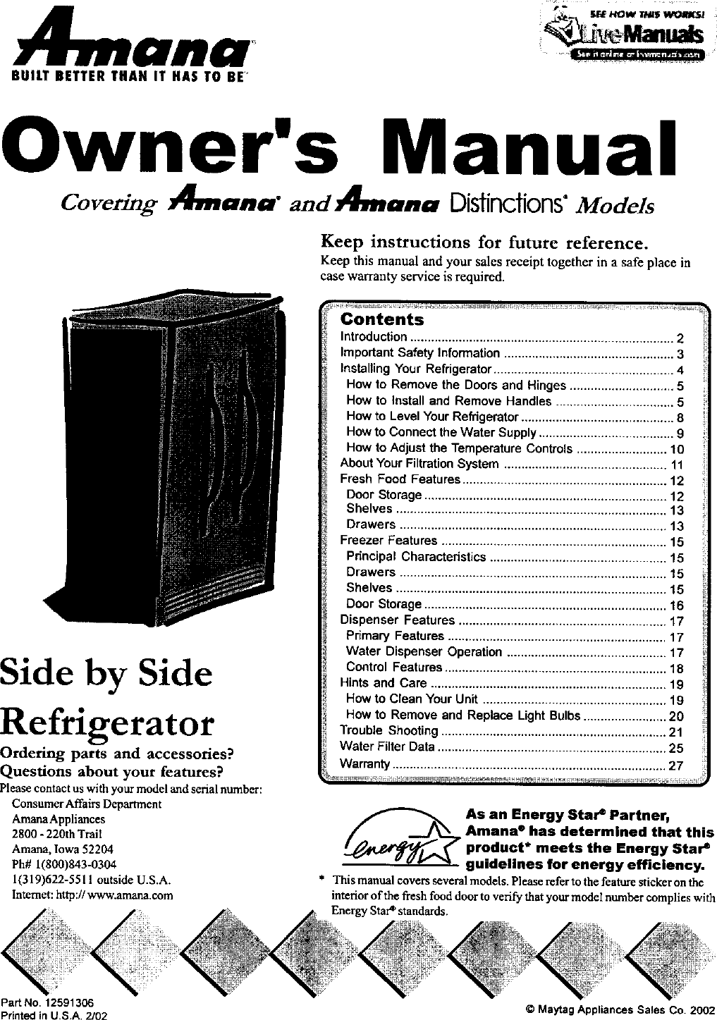 AMANA Side By Refrigerator Manual L0303327