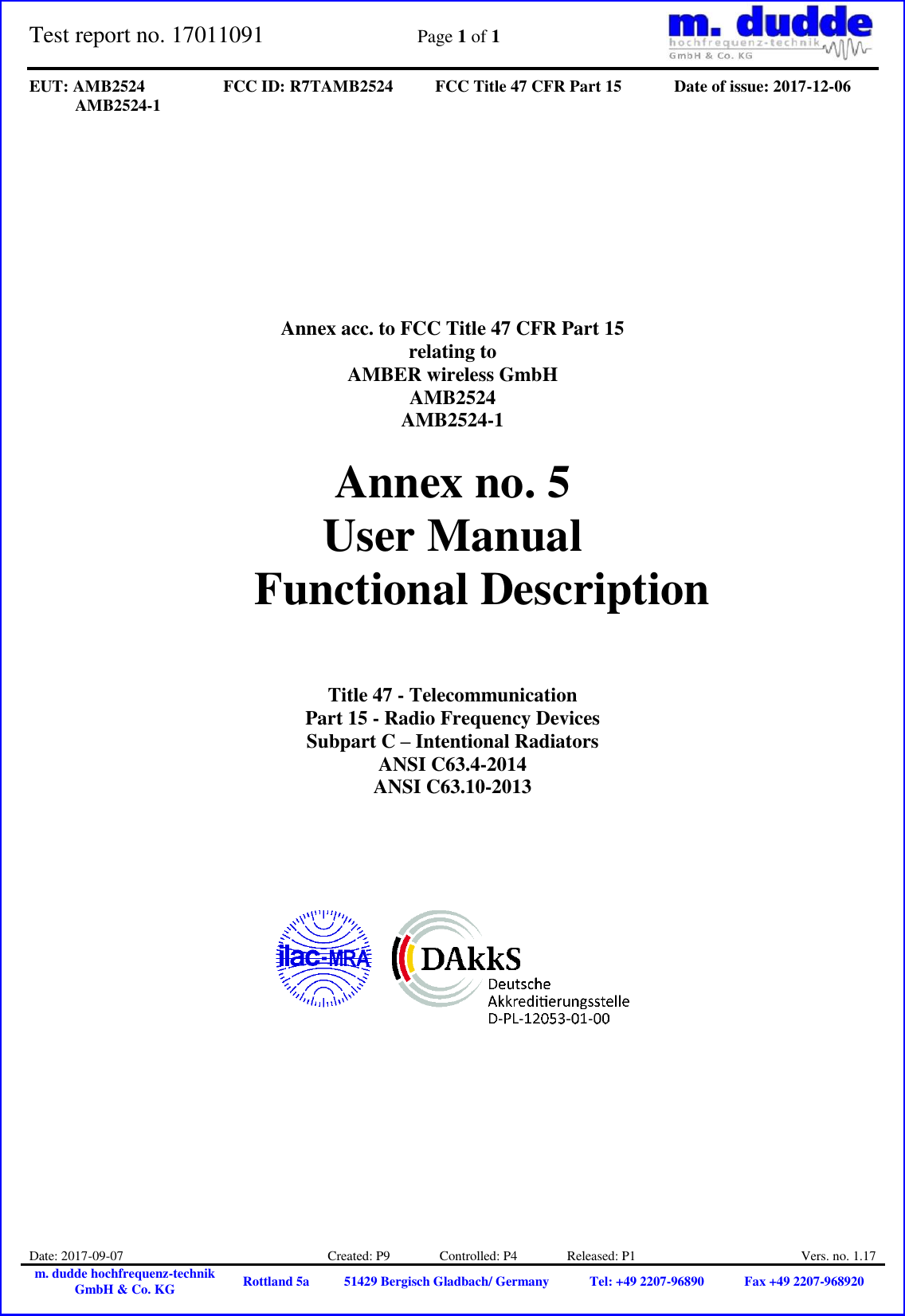 AMBER Wireless AMB2524 AMB2524 User Manual Testreport ETS 300 335