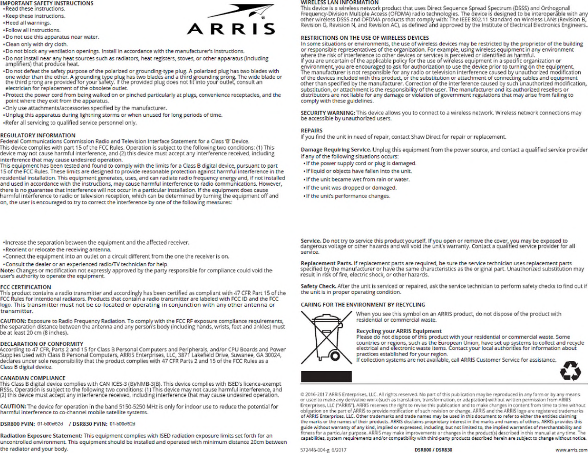 ARRIS DSR800 Satellite Set-Top Box User Manual