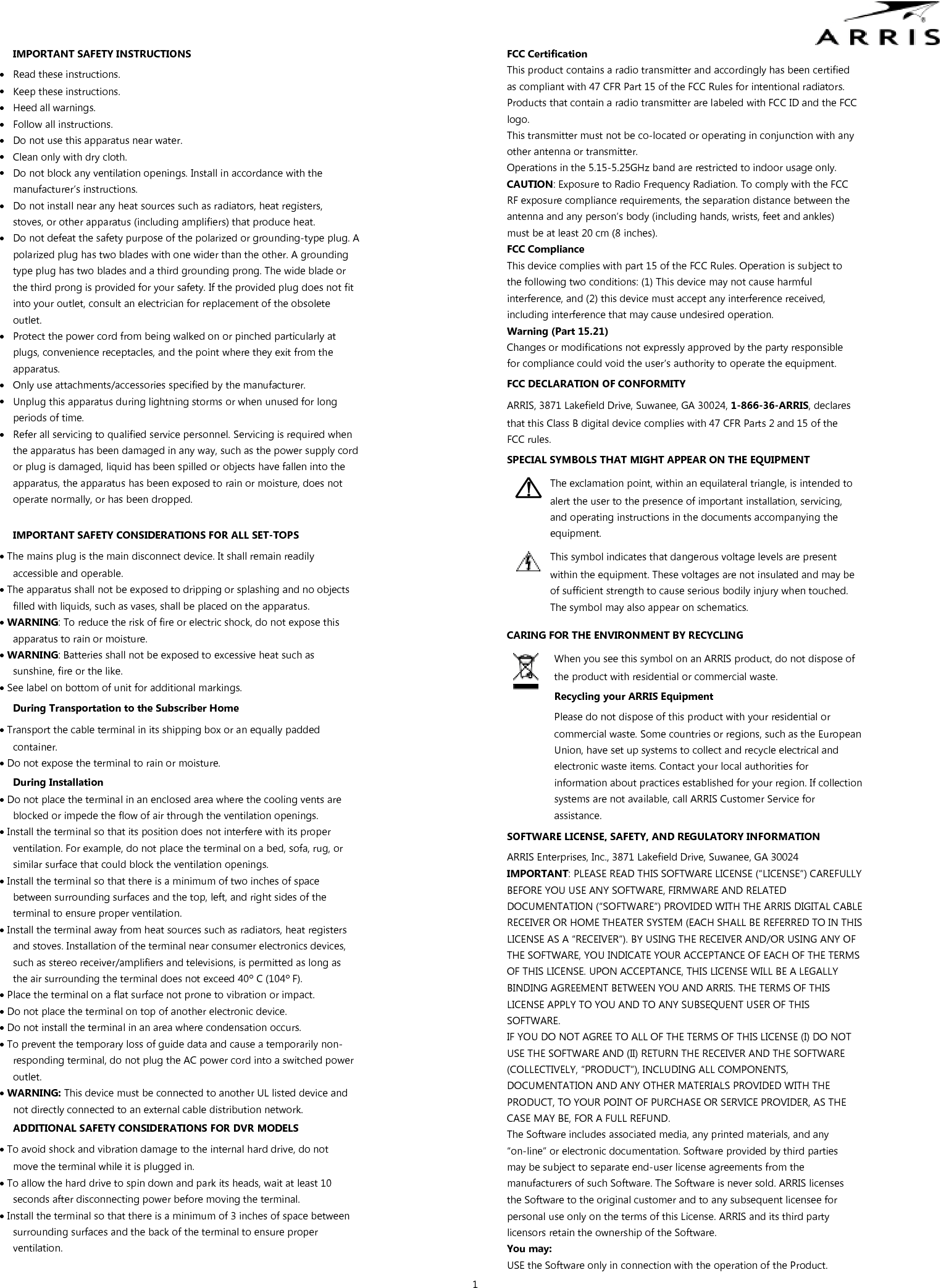 ARRIS IPC4100 IP Client WiFi Set Top Box User Manual Safety