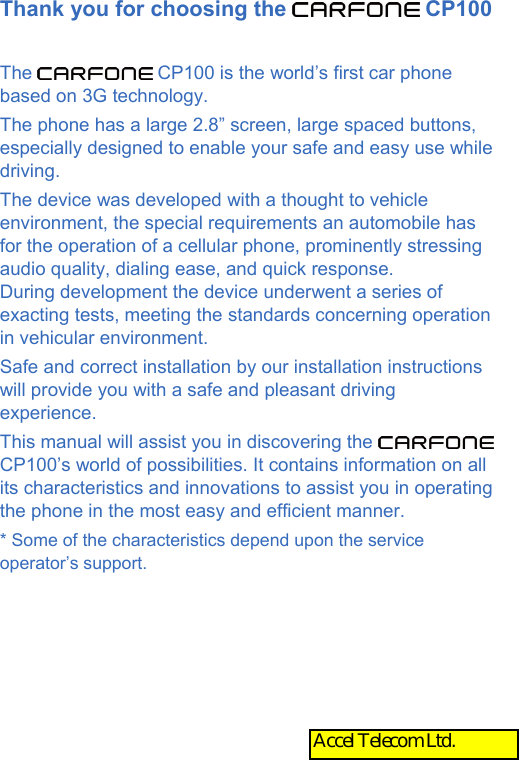 Accel Telecom CP100 CARFONE User Manual carfone CP100 UG ENG 17apr11