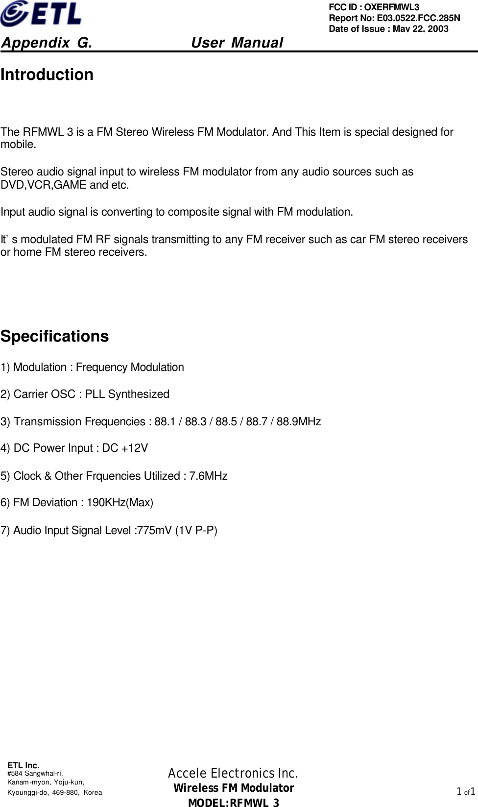 Accele Electronics RFMWL3 Wireless FM Modulator User Manual 3