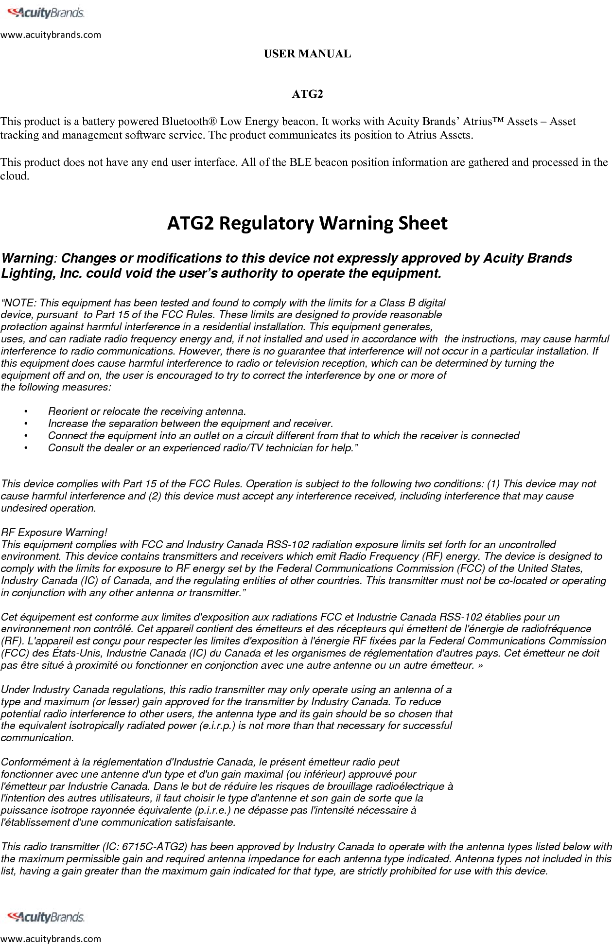 Acuity Lighting ATG2 Asset Tag User Manual ATG2 FCCx