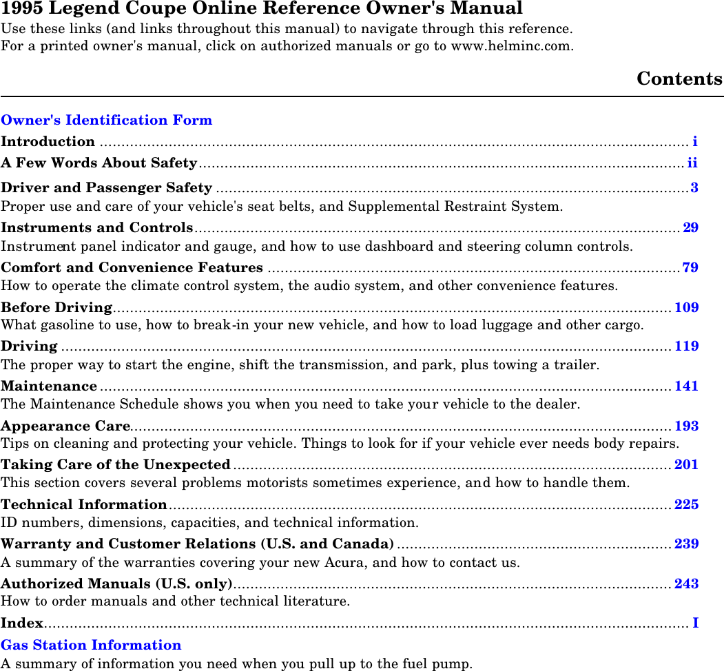 Acura 1995 Legend Coupe Users Manual E10303MAINIDX