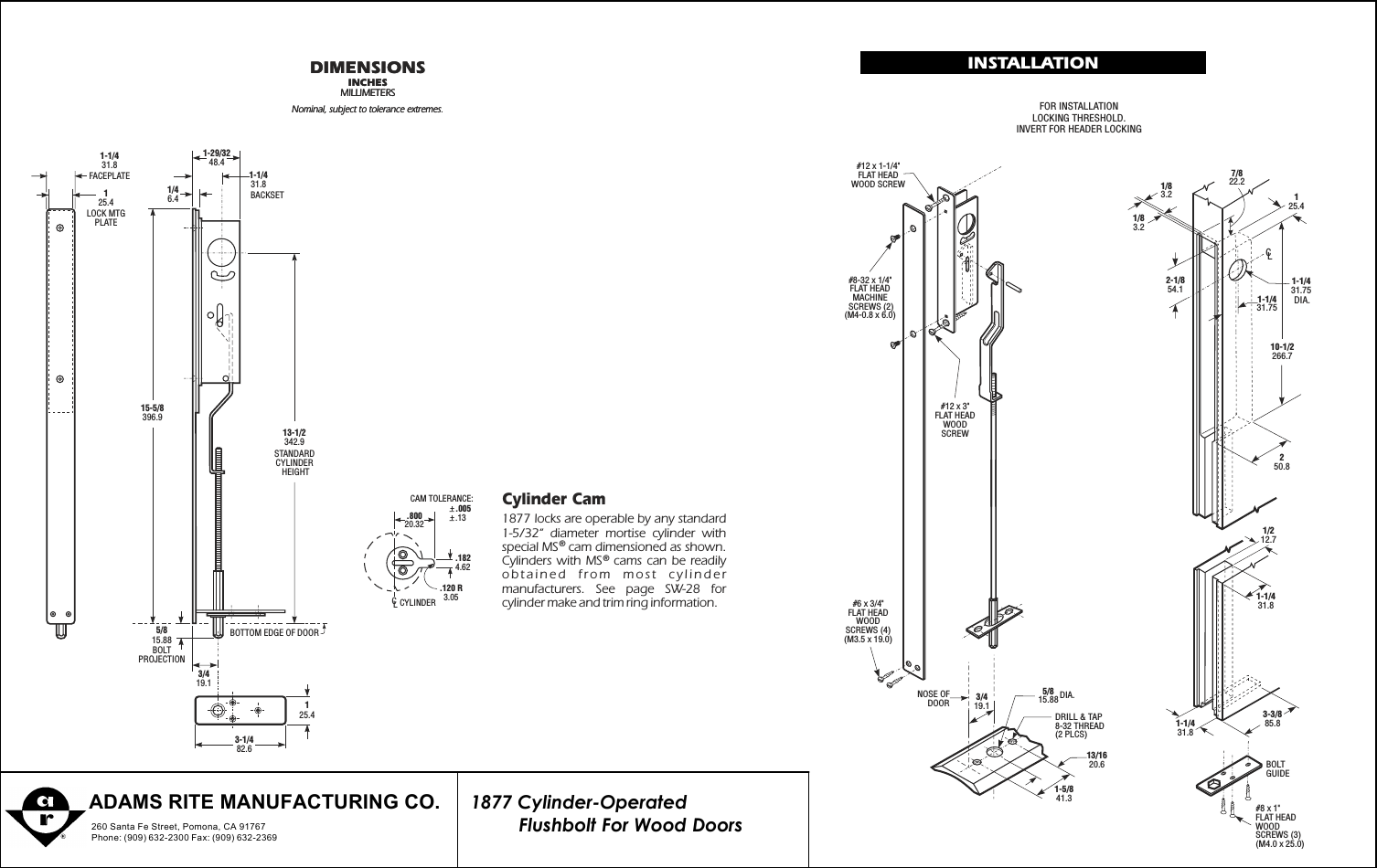 Adams Rite 80 0180 7301 Sheet 1 1877 Cylinder Operated Flushbolt For ...