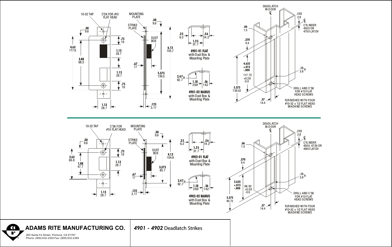 Adams Rite 80 0180 7301 Sheet 1 4901, 4902 Deadlatch Strikes ...