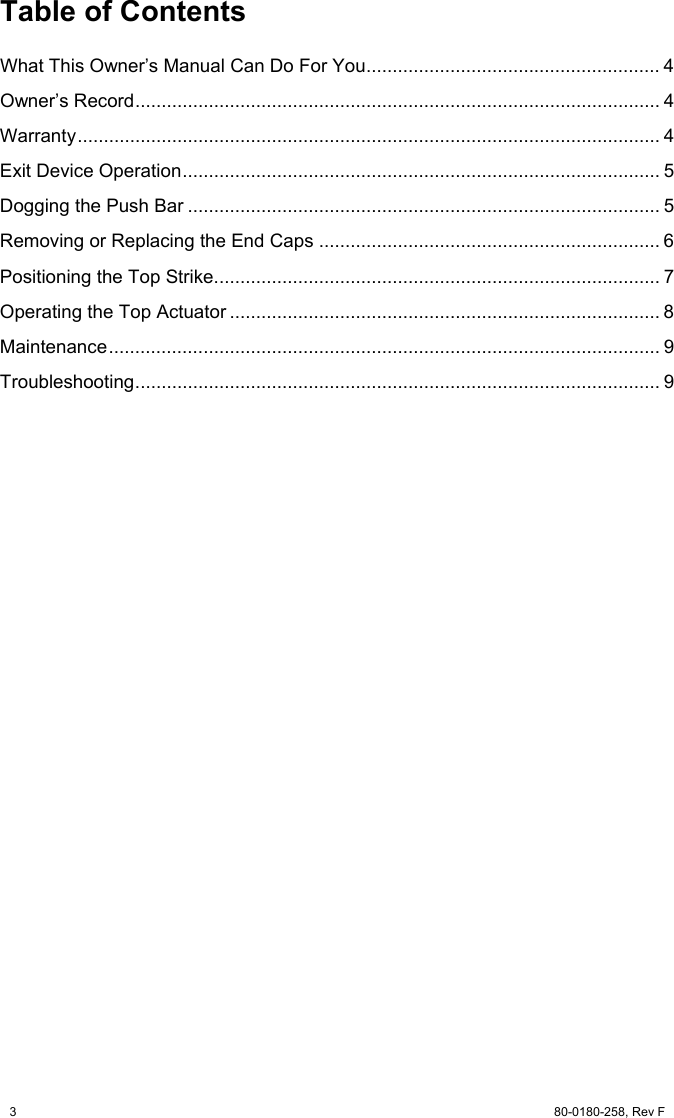 Adams Rite 80 0180 258_F 3600/8500/8600 CVR Exit Device Owner's Manual ...