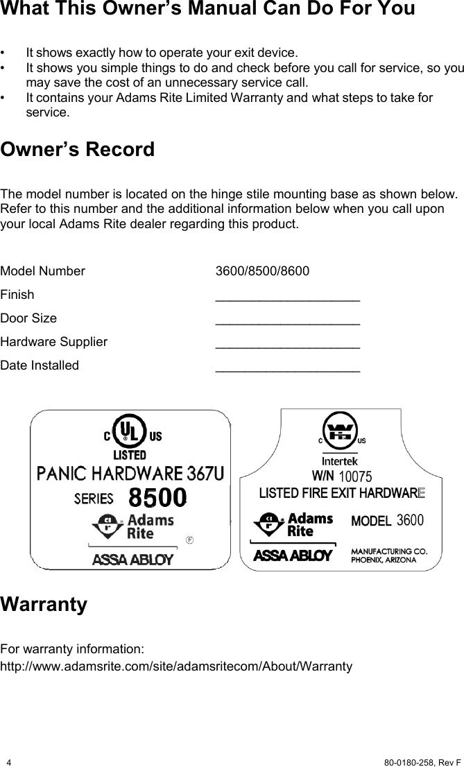 Adams Rite 80 0180 258_F 3600/8500/8600 CVR Exit Device Owner's Manual ...