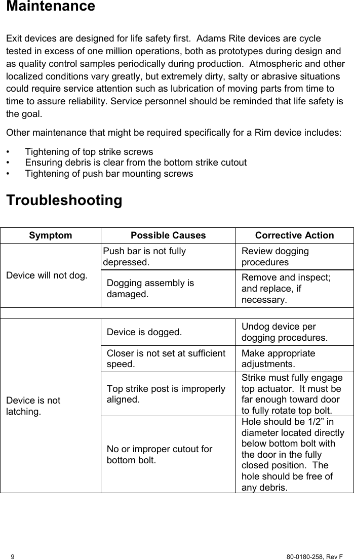 Adams Rite 80 0180 258_F 3600/8500/8600 CVR Exit Device Owner's Manual ...