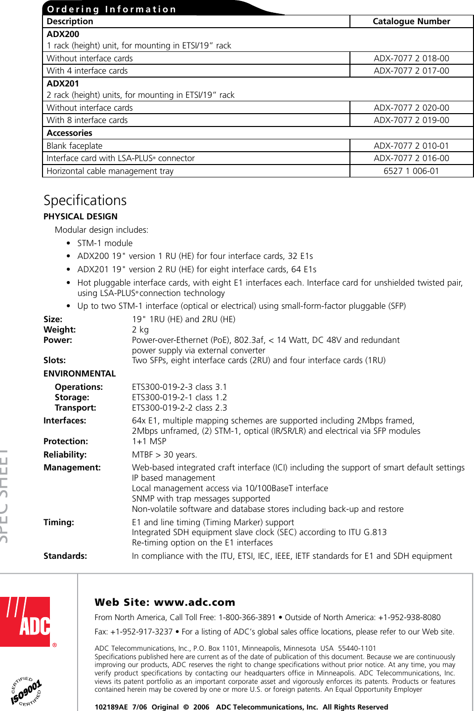 Adc Adx Active Digital Cross Connect Adx200 Users Manual And ADX201 102189AE
