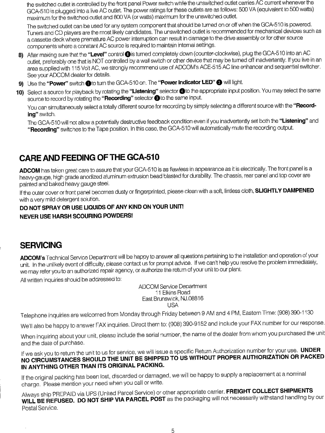 Adcom Gca 510 Users Manual