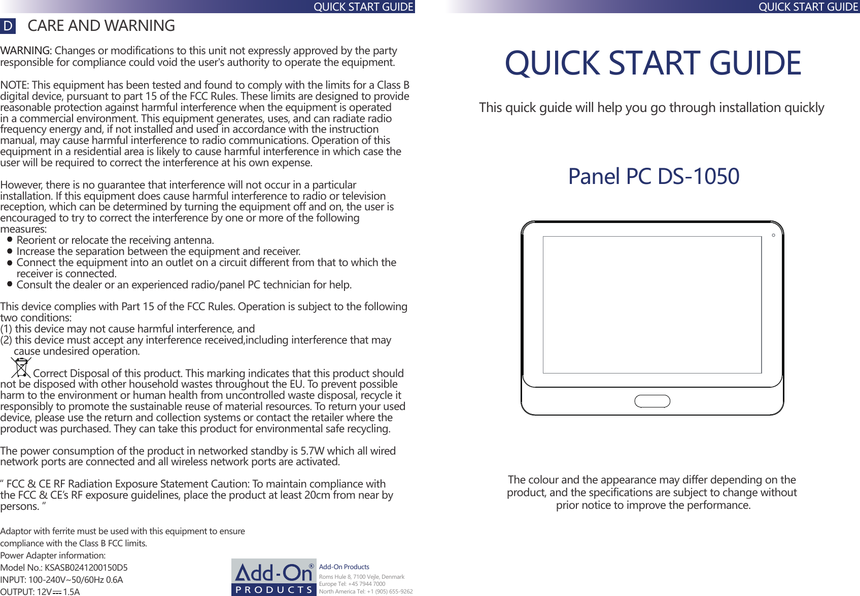 Add On ApS DS1050 Panel PC User Manual DSS 1050 D1050 HW QSG CE Class A 23Feb2017
