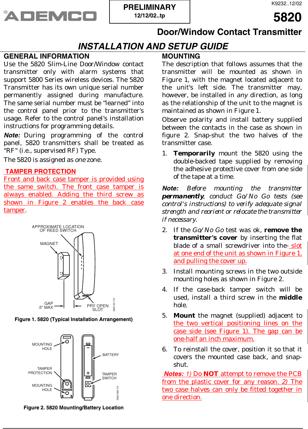Ademco 8DL5820 door window security transmitter User Manual K9232 ii