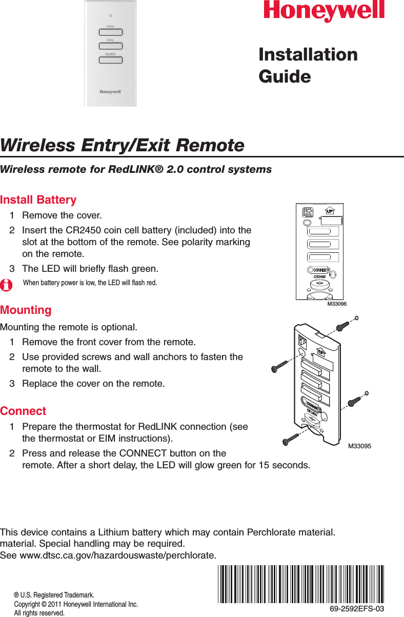 Ademco REM1000R01 Wireless Entry/Exit Remote; Wireless Vent & Filter ...