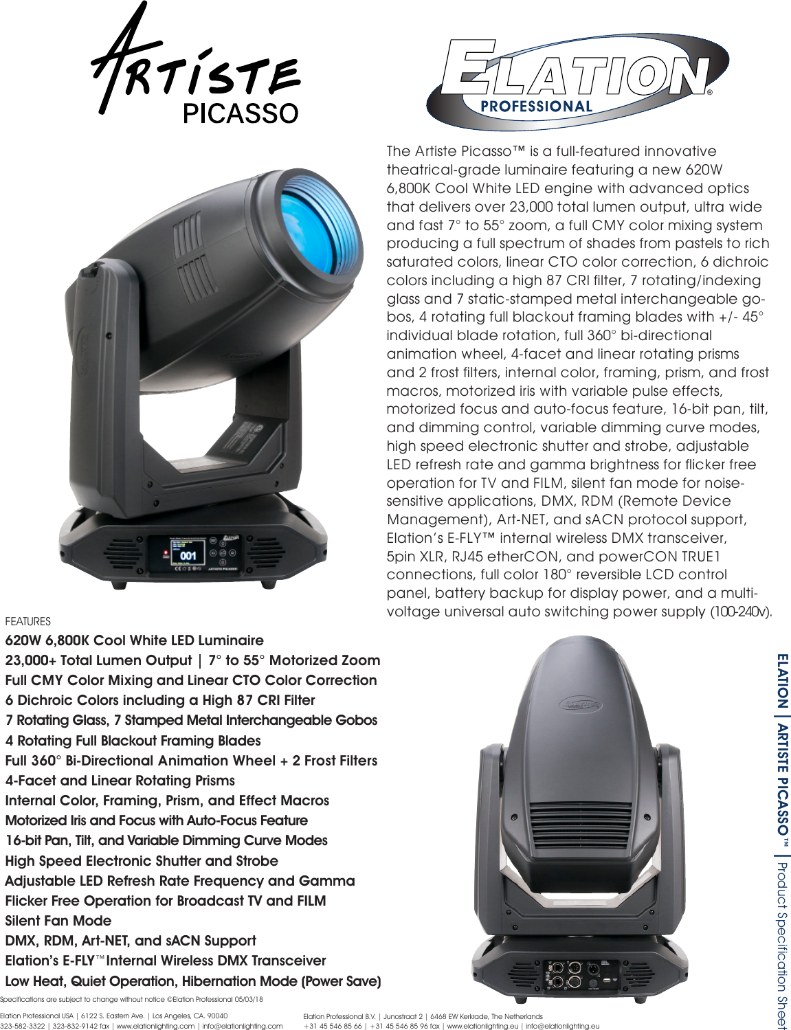 ELATION ARTISTE PICASSO Specification Sheet 050318