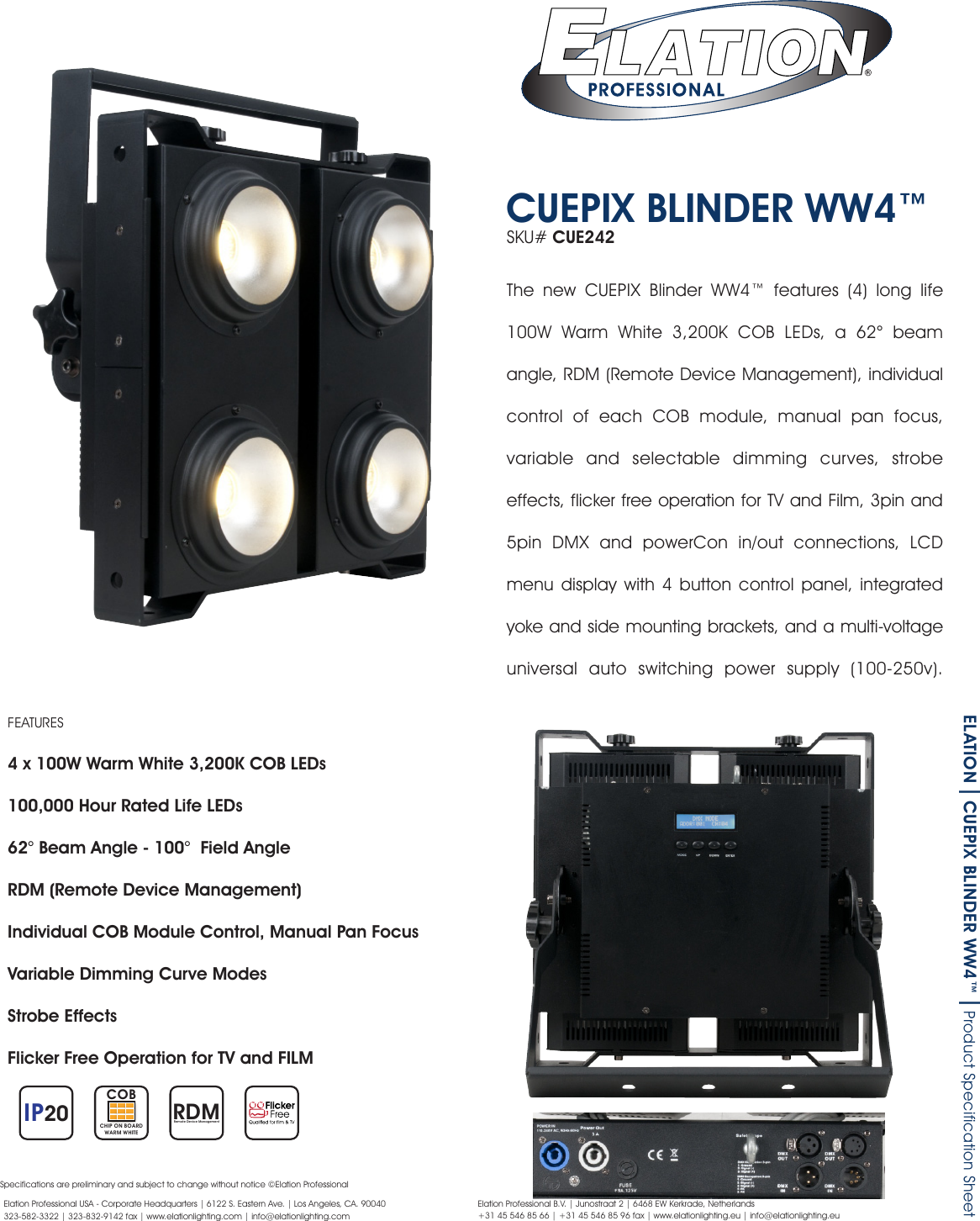 Elation Cuepix Blinder Ww4 Specification Sheet