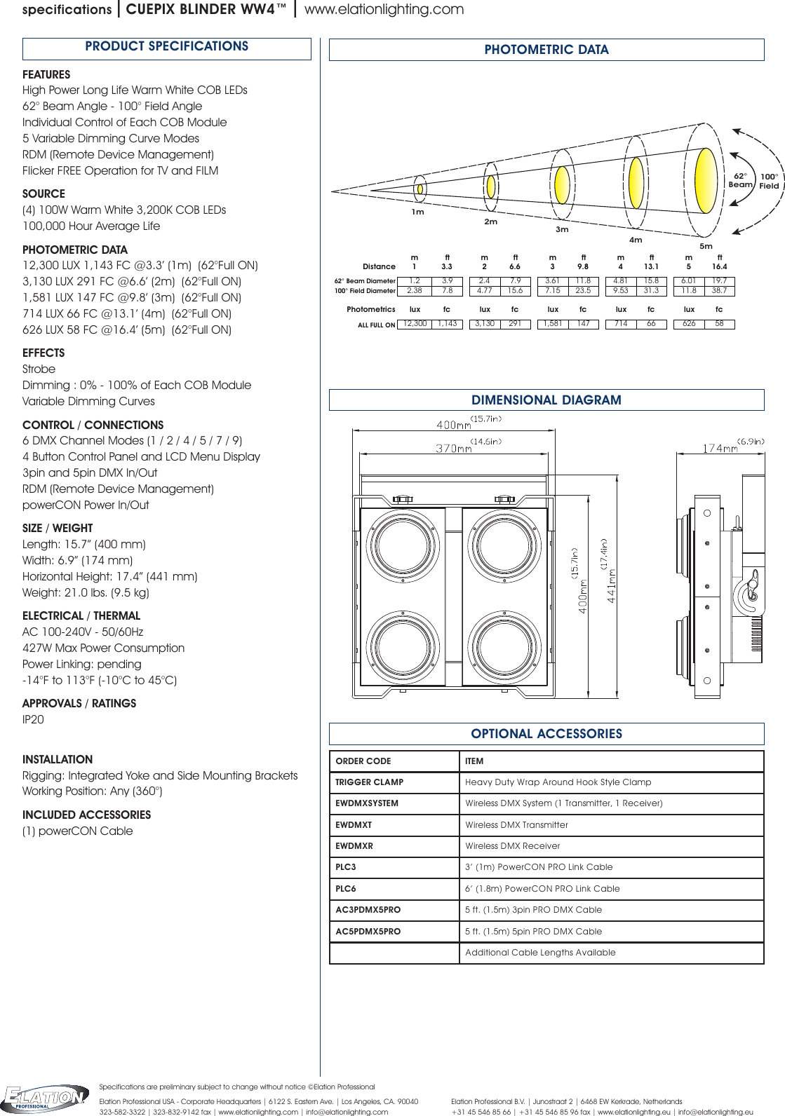 Elation Cuepix Blinder Ww4 Specification Sheet