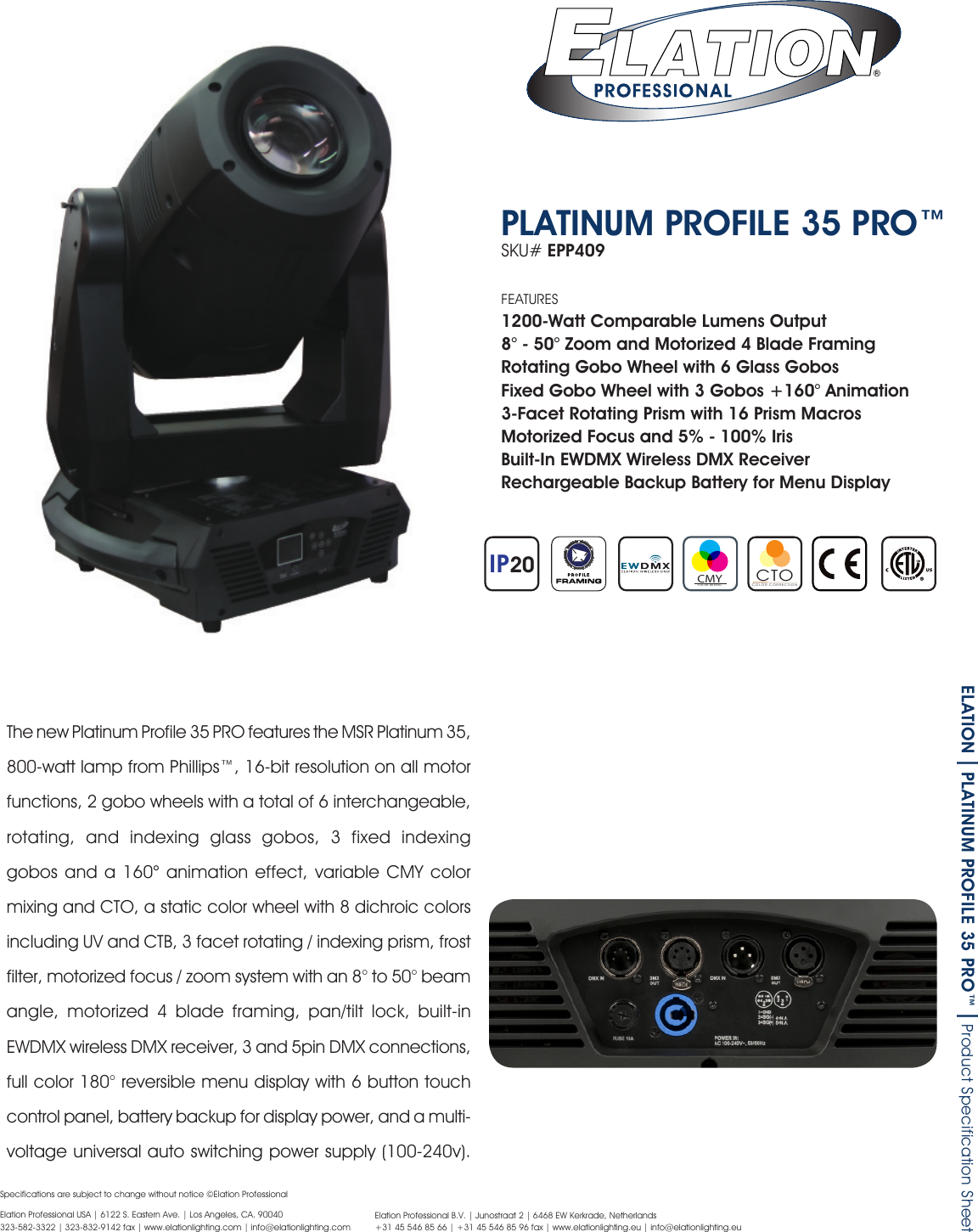 Elation Platinum Profile 35 Pro Specification Sheet