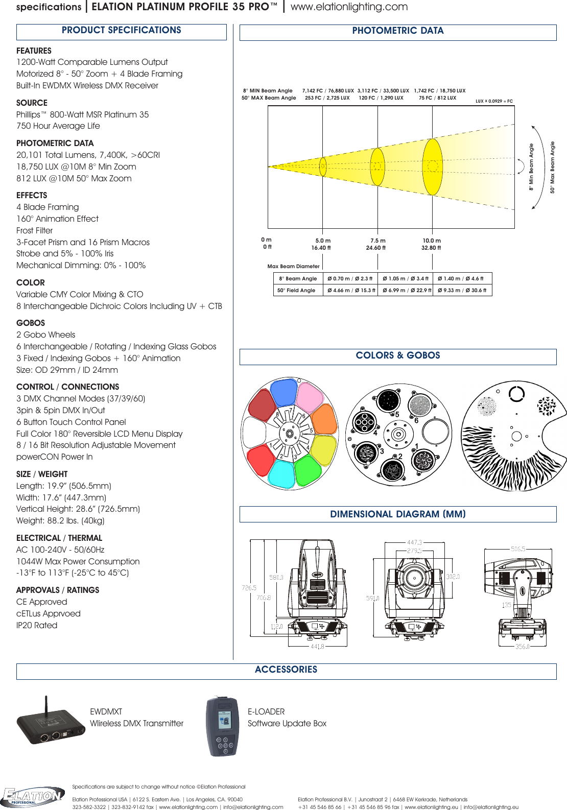 Elation Platinum Profile 35 Pro Specification Sheet