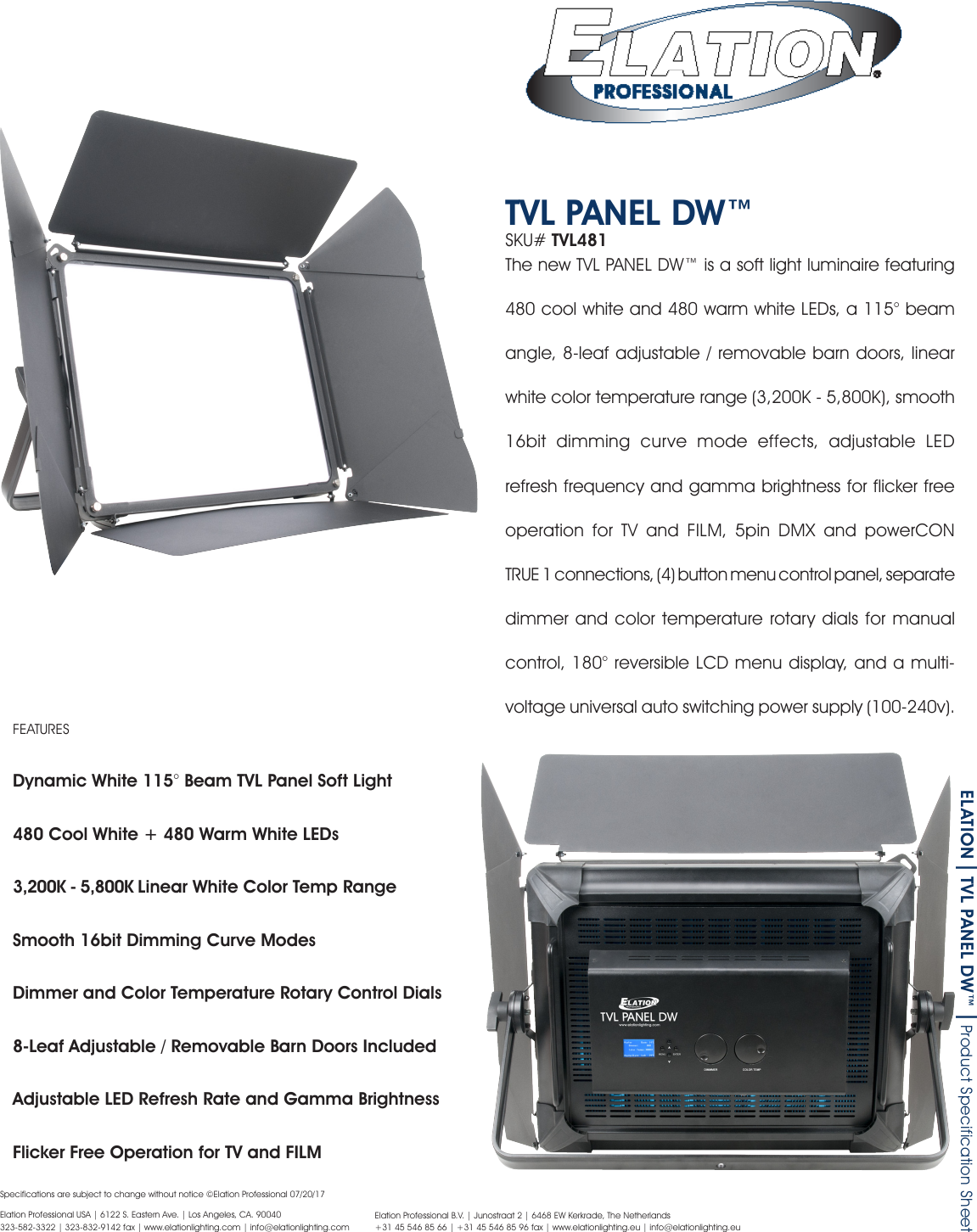 Adj Elation Tvl Panel Dw Specification Sheet 042017 User Manual