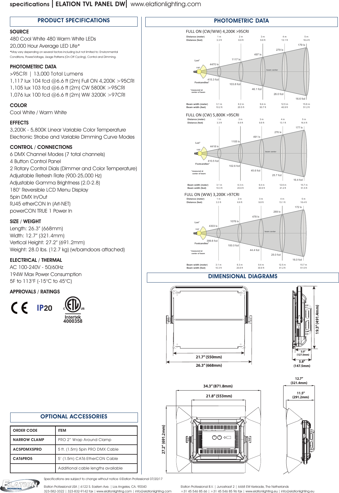 Adj Elation Tvl Panel Dw Specification Sheet 042017 User Manual