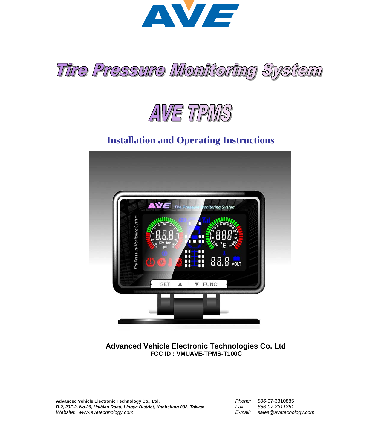 Advanced Vehicle Electronic Technology AVE-TPMS-T100C TPMS User Manual ...