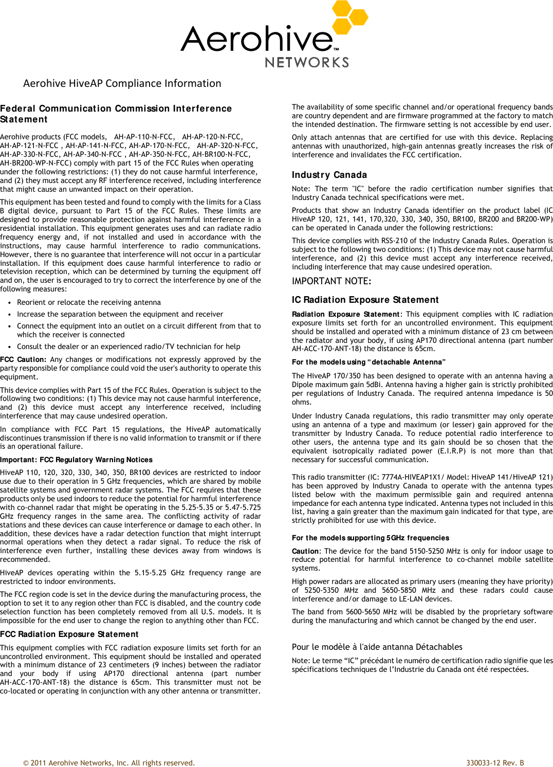 Aerohive Networks HIVEAP1X1 AP Router User Manual Aerohive Compliance AP121