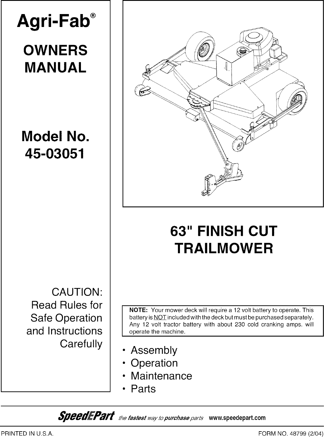Agri Fab 45 03051 User Manual 63 FINISH CUT TRAIL MOWER Manuals And ...