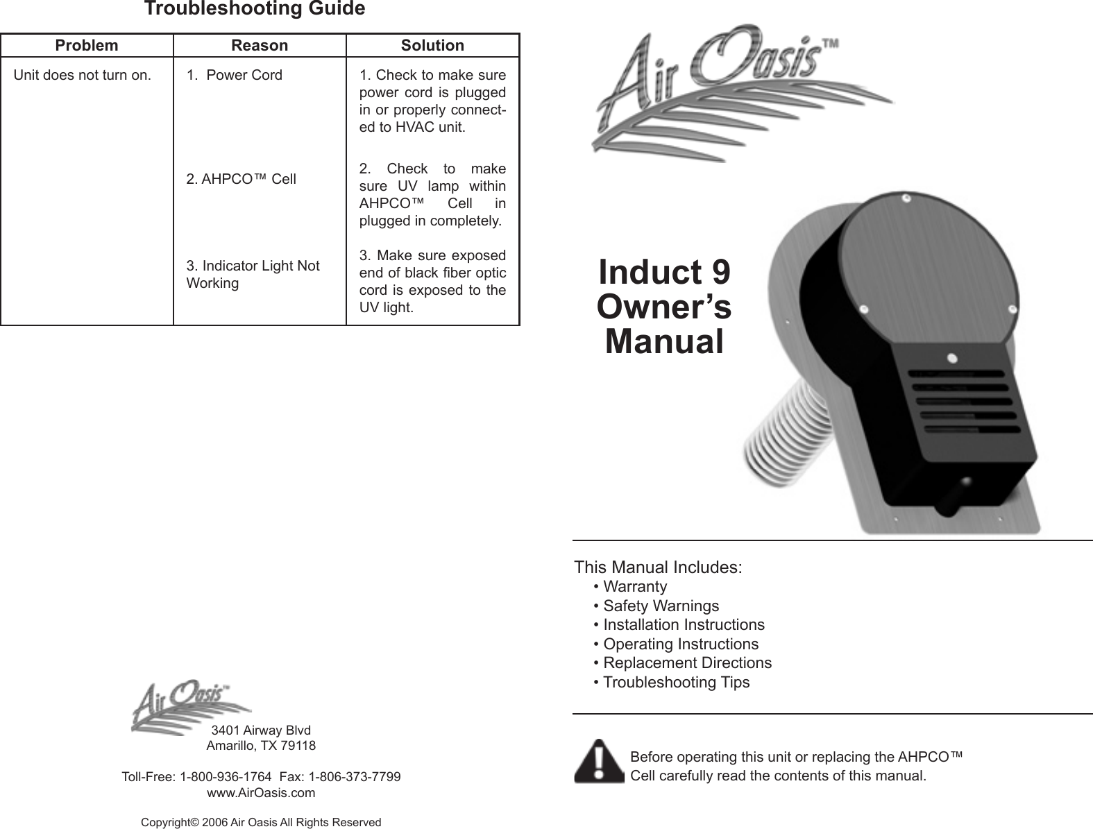 Air Oasis Induct 9 Users Manual
