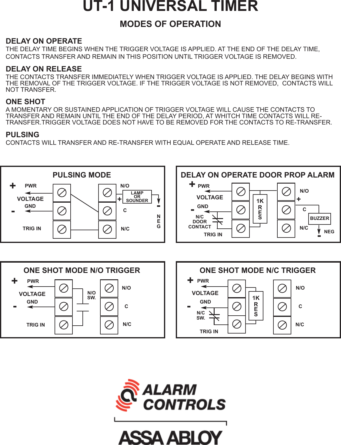Alarm Controls UT 1 Instructions Universal Timer Installation