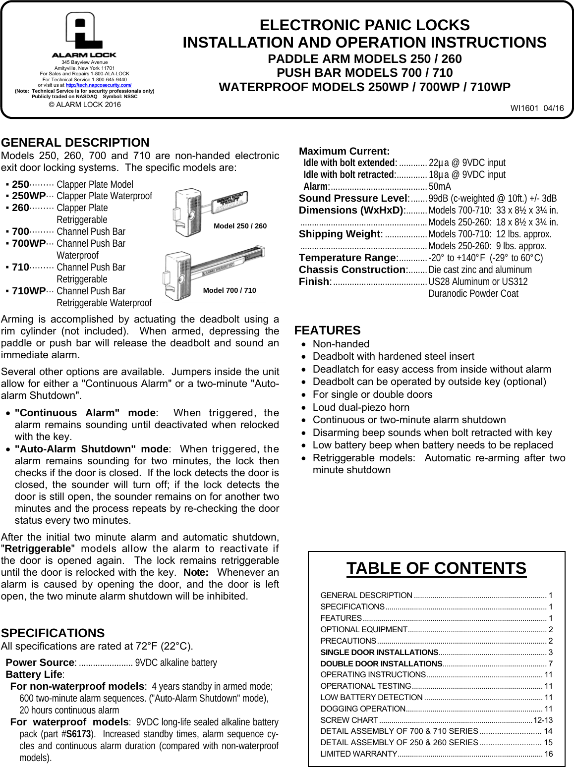 Alarm Lock 250 260 700 710_WI1601.40_INST 700, 710, 250, Installation ...