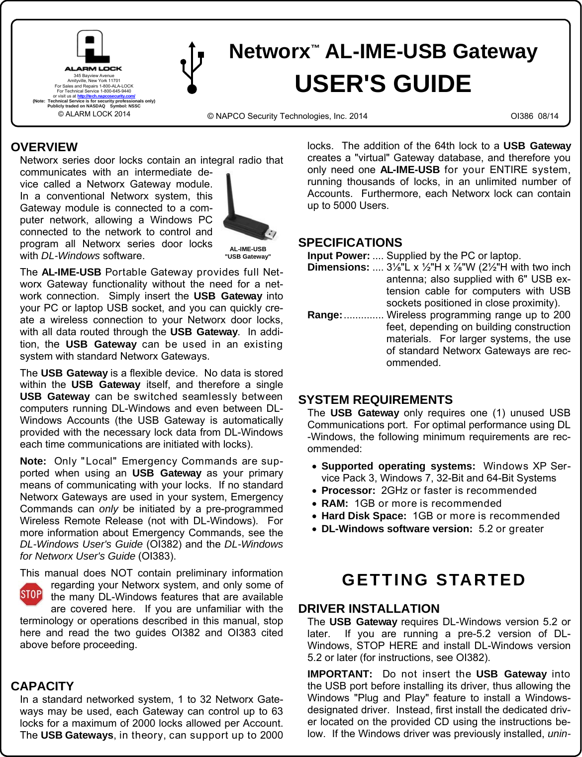 Alarm Lock AL IME USB_OI386.21_USER USB Gateway User's Guide OI386.21 USER