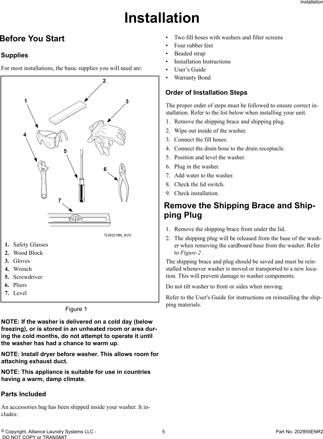 Alliance AWNE82SP113TW01 Installation Instructions User Manual WASHER ...