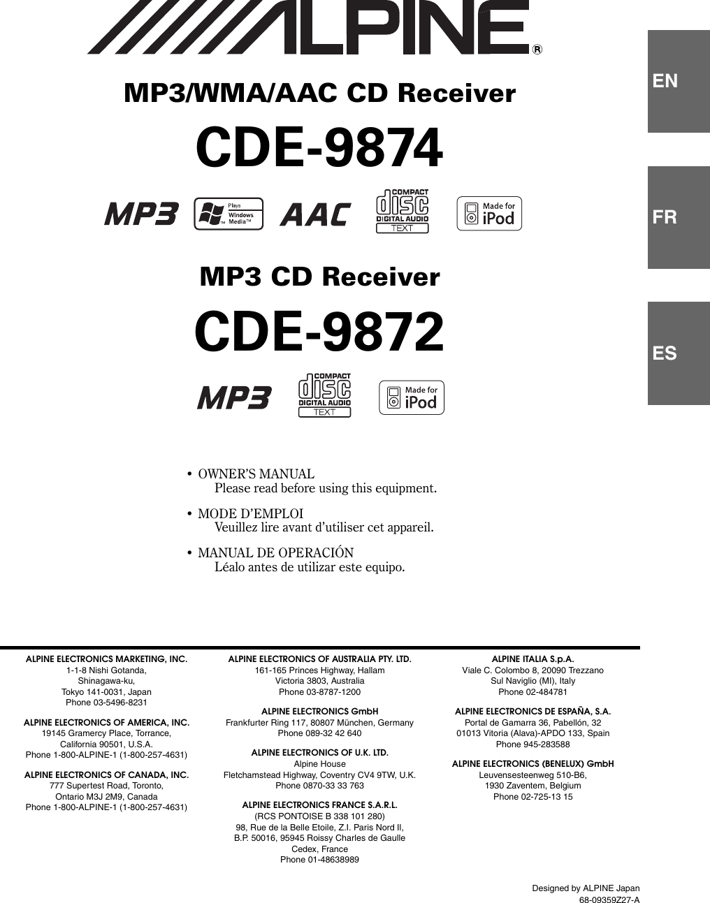 Alpine Cde 9872 Users Manual 9874
