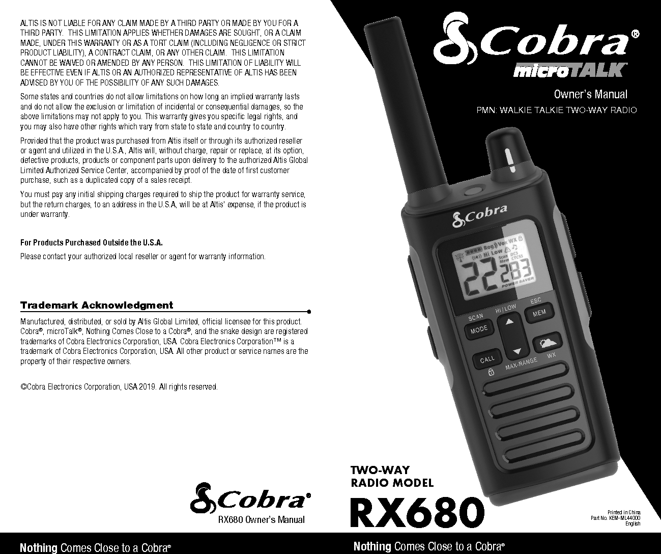 Altis Technology RXFHJ Walkie Talkie Two-way Radio User Manual RX680 ML ...