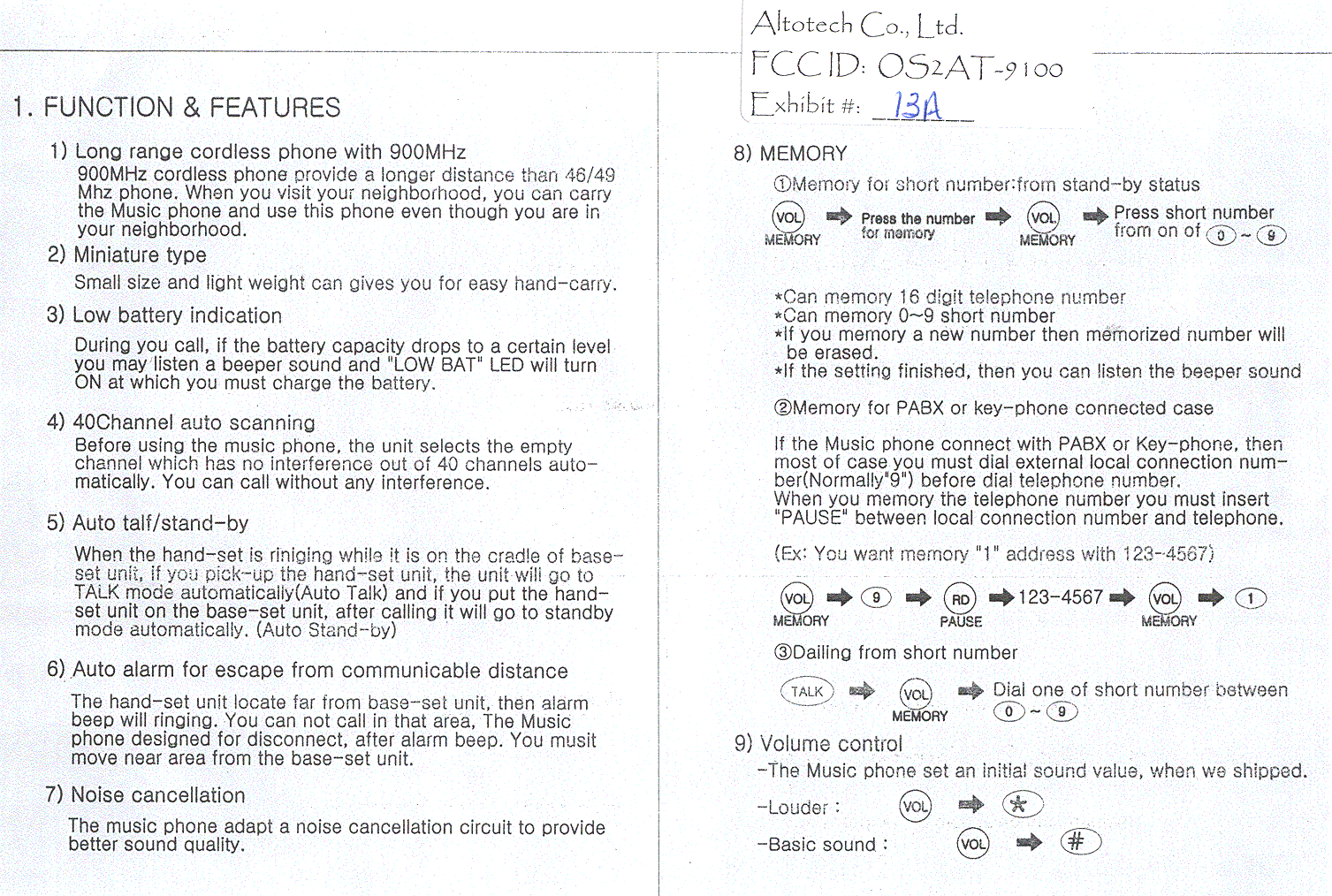 Altotech AT-9100 900 MHz Cordless Telephone User Manual users manual
