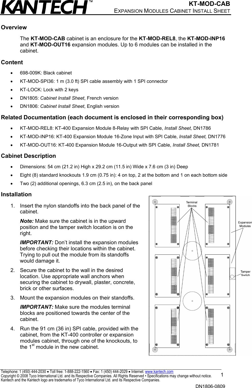 American Dynamics Expansion Modules Cabinet Kt Mod Cab Users Manual CAB ...