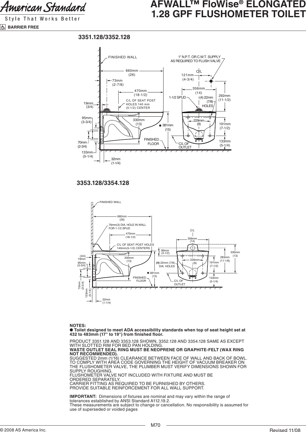 American Standard Afwall Flowise 3351 128 Users Manual