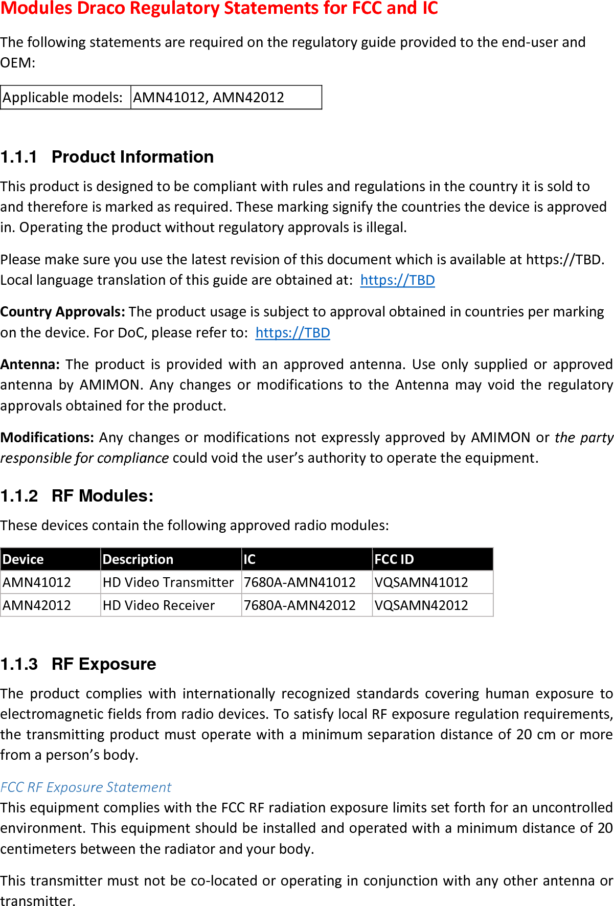Amimon AMN42012 Wireless Video Reception Module User Manual