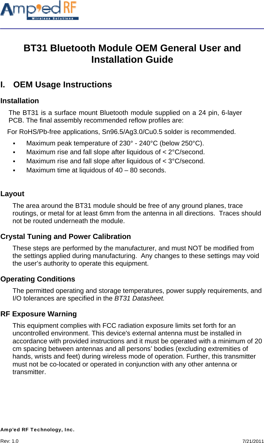 Amp ed RF Technology BTMOD3 BLUETOOTH MODULE User Manual BT31