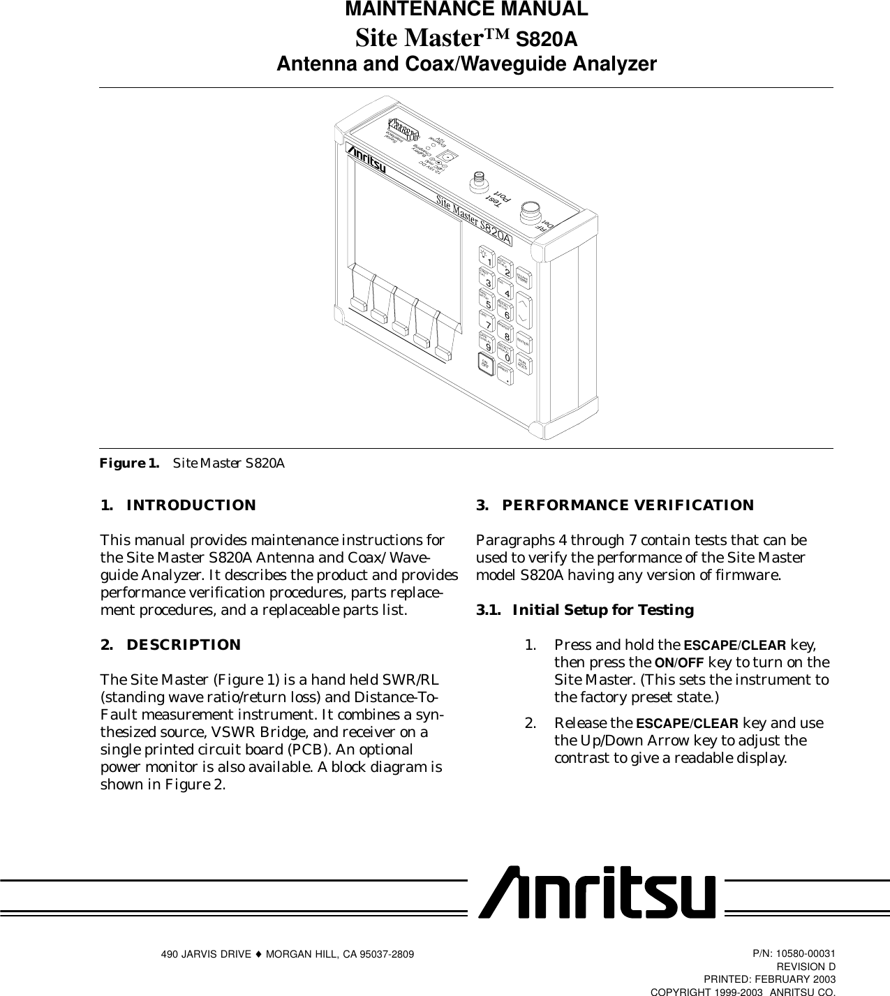 Anritsu S820A Site Master Maintenance Manual, 10580 00031, Rev. D User ...