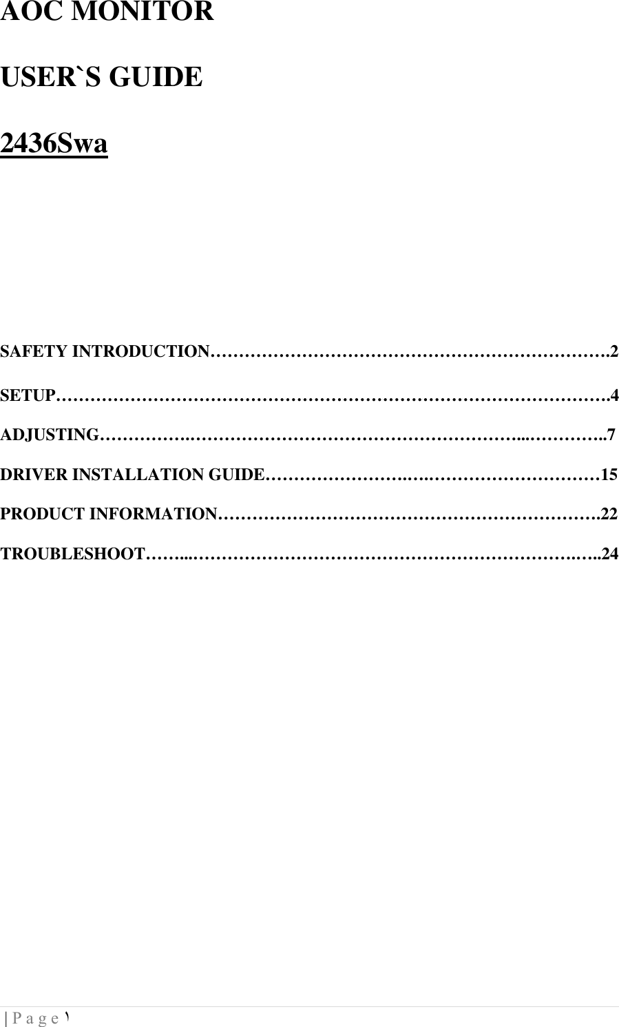 Aoc 2436Swa Users Manual Monitor User Guide Operating Instructions