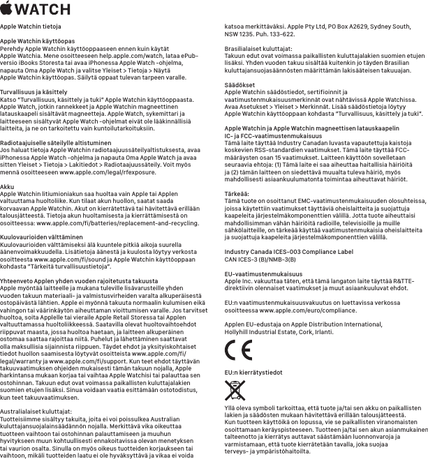 Apple Watch (Standard) Info User Manual Watchin (1. Sukupolvi) Tietoja K S