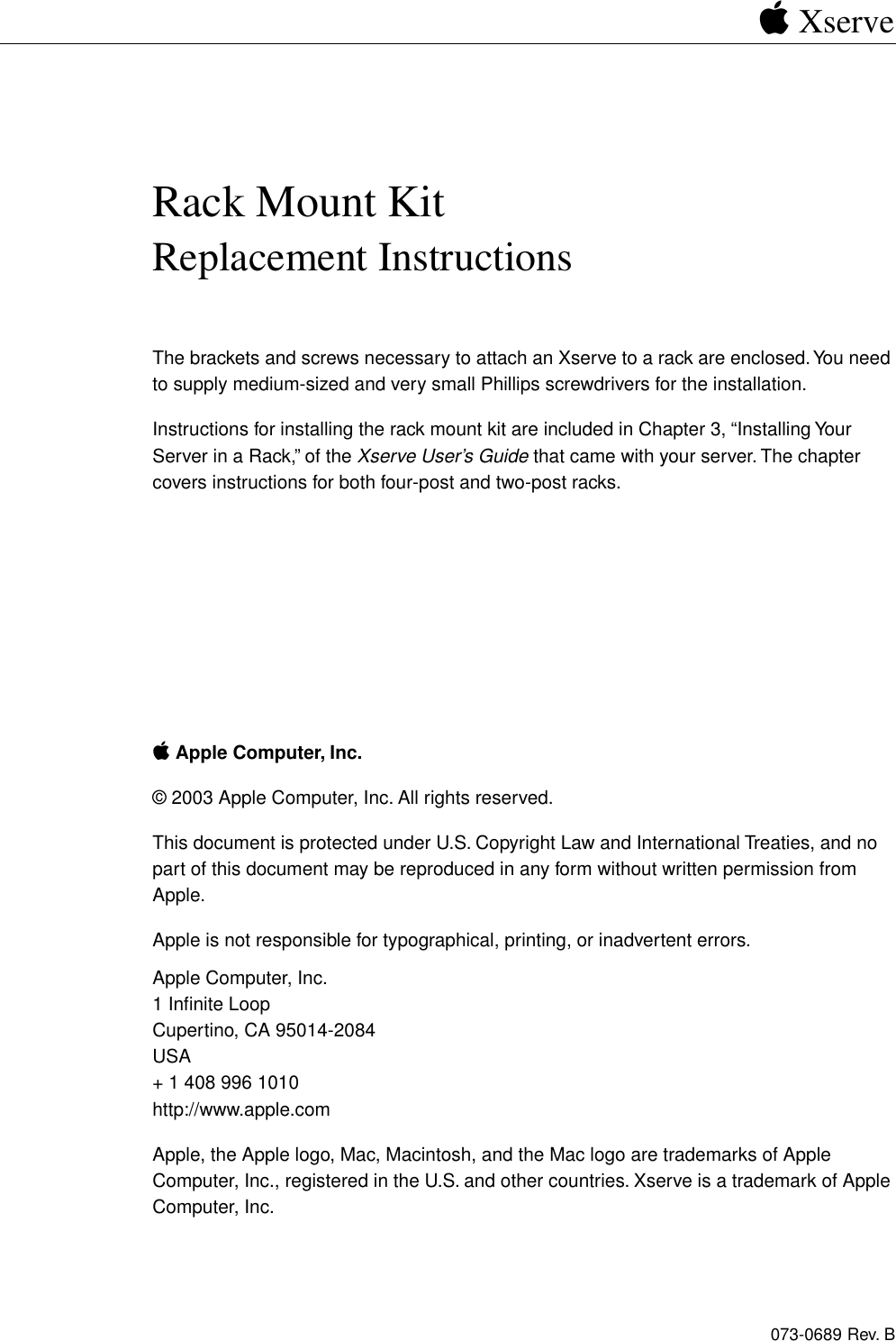 Apple Xserve User Manual (original) Rack Mount Kit Replacement Instructions rackmntkit.073 0689