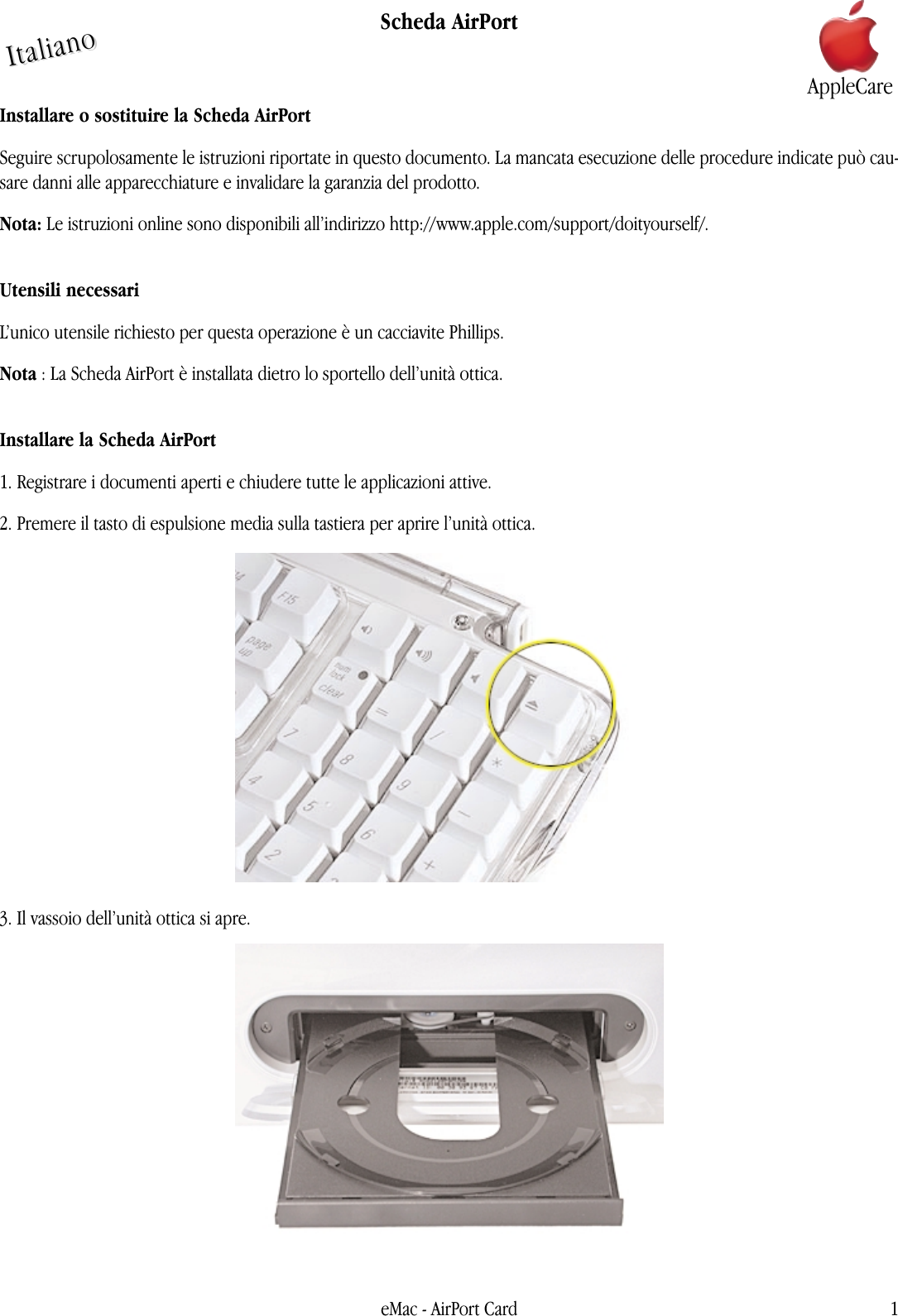 Apple EMac AirPort Card User Manual E Mac Scheda Air Port Installare O ...